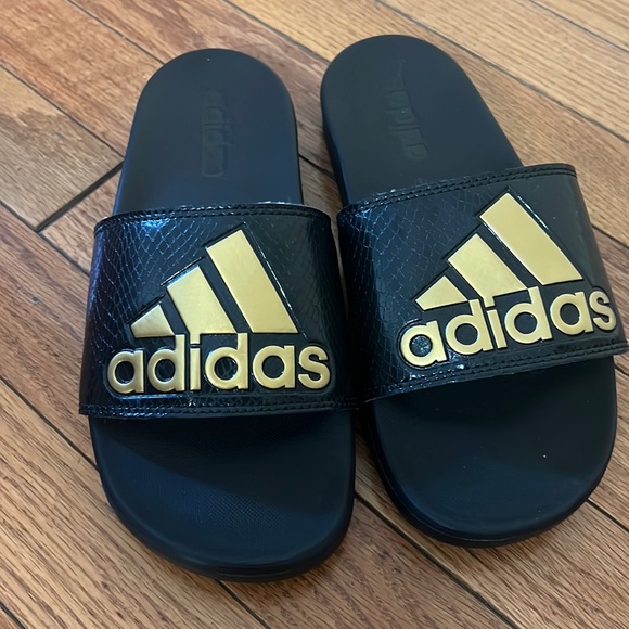 adidas | Shoes | Adidas Logo Slides In Black And Gold | Poshmark